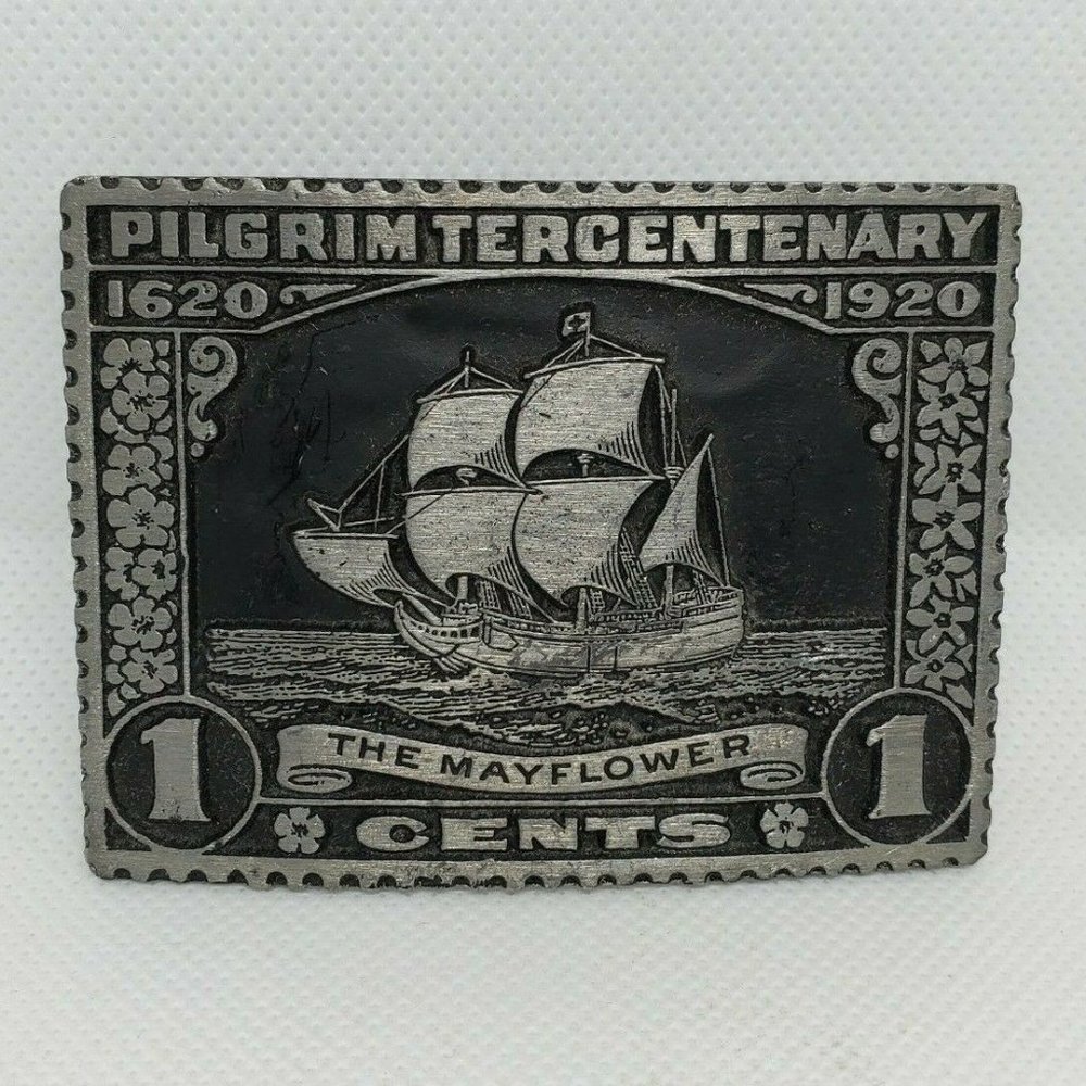 Pilgrim Tercentenary Mayflower Pewter Belt Buckle - Gem